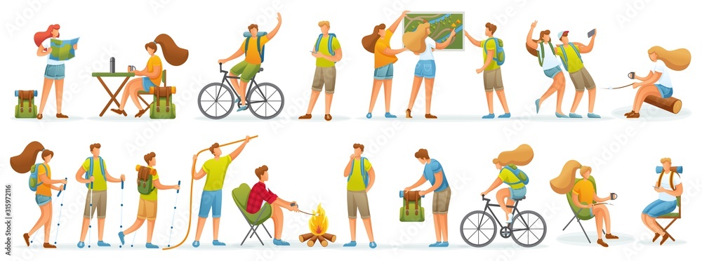 Large set of 2D characters, outdoor activities, camping. For vector ...
