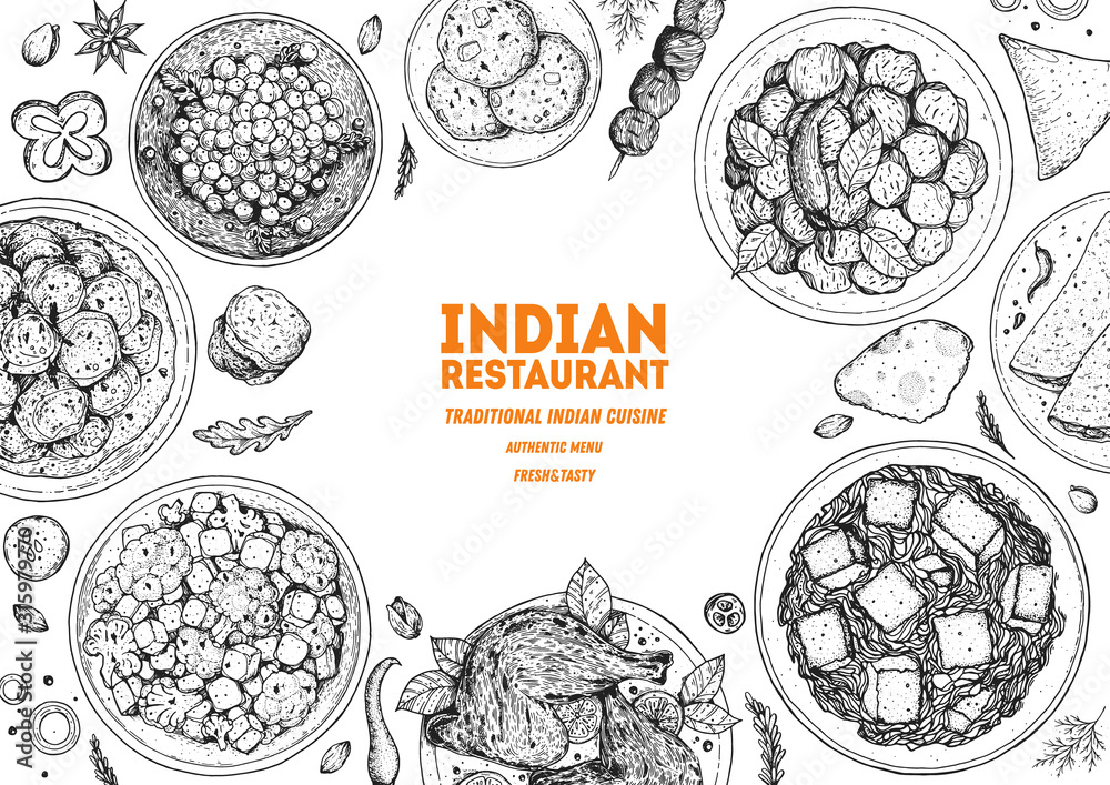 Indian food illustration. Hand drawn sketch. Indian cuisine. Doodle ...