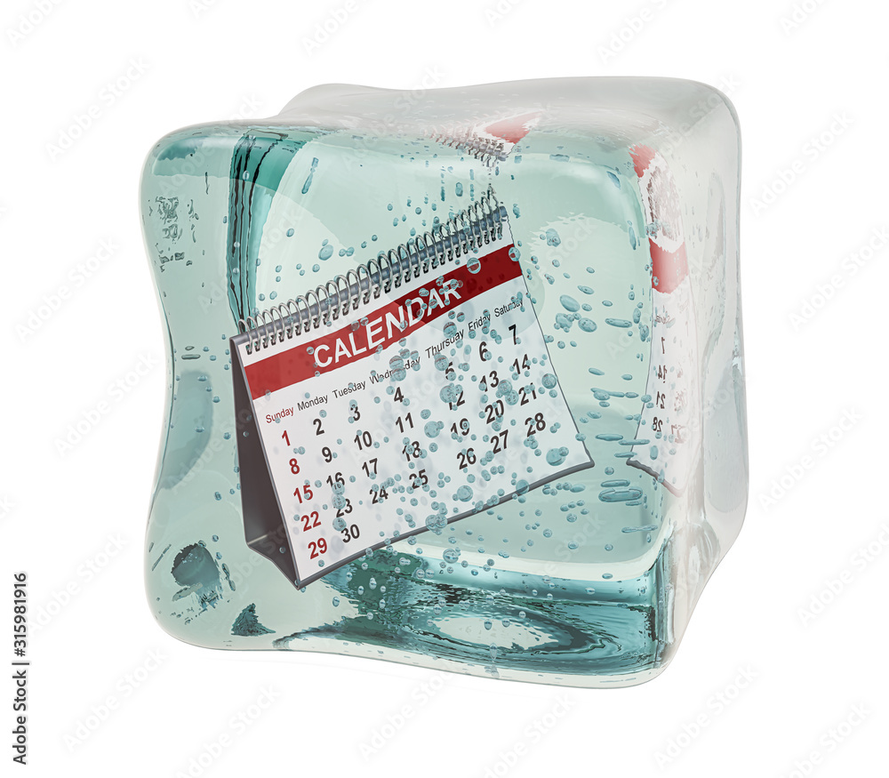 Desk calendar frozen in ice cube. Freeze date concept, 3D rendering ...