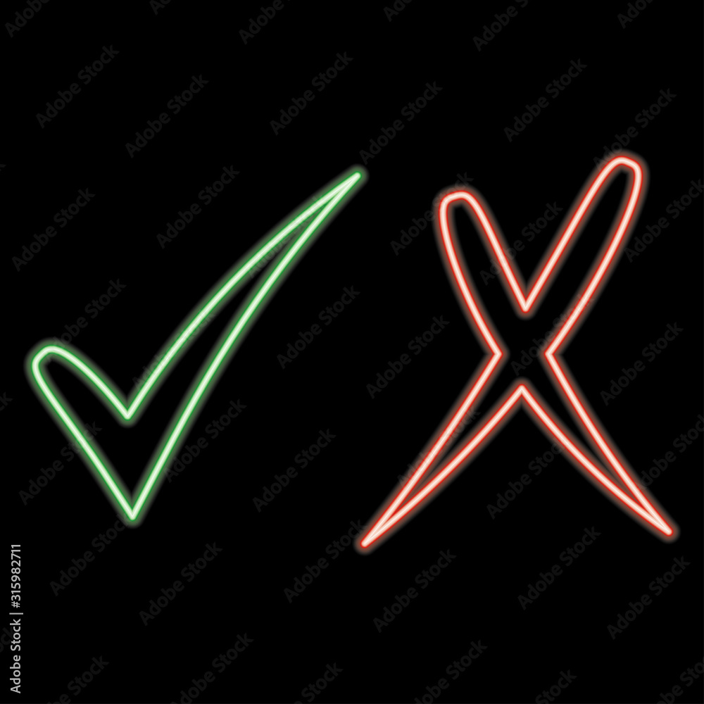 Tick icon set. Stylish neon check mark icon set in green and red color ...