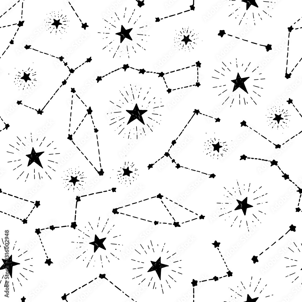 Constellations and stars seamless pattern. Hand drawn vector ...