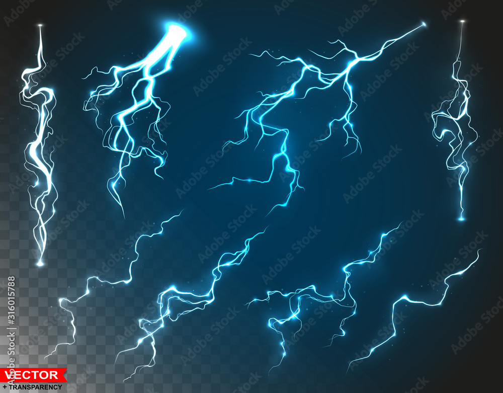 Realistic thunder storm blue lightnings. Magic and bright lighting ...