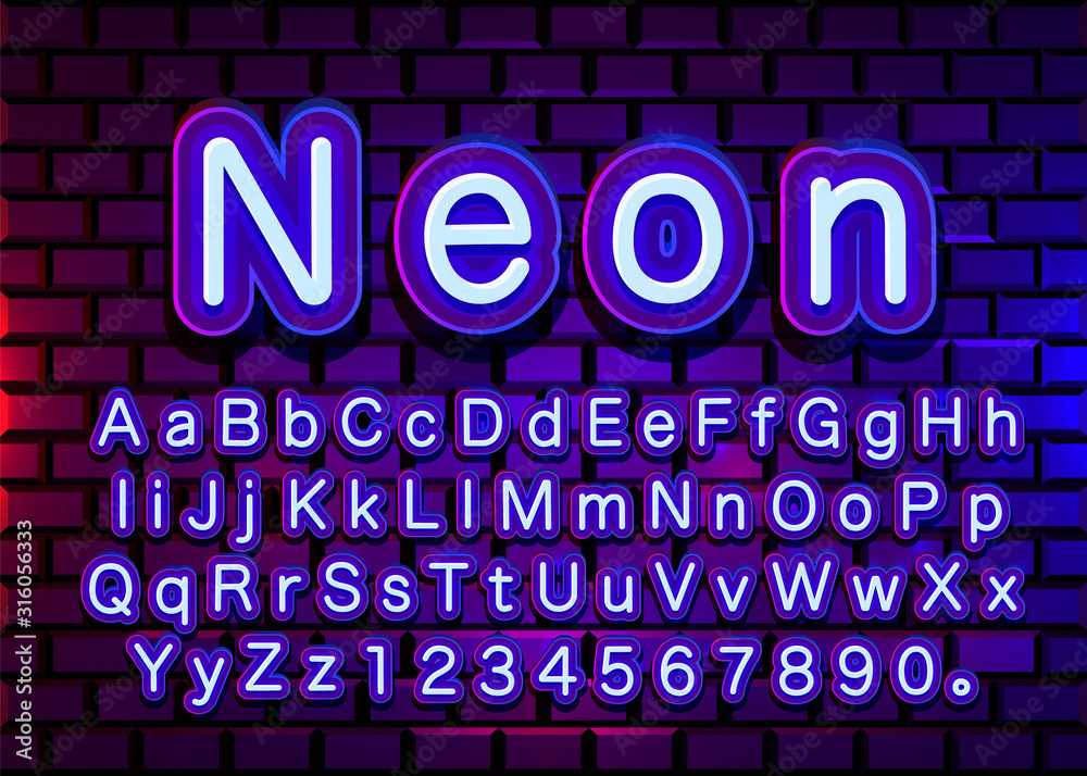 Neon light color blue font. English alphabet and numbers sign. Stock ...
