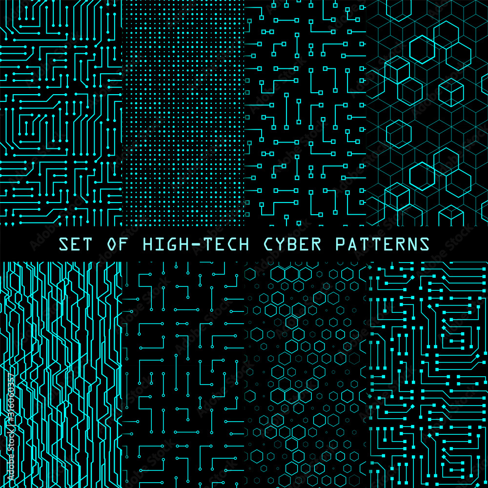 Set of seamless cyber patterns. Circuit board texture. Collection of ...