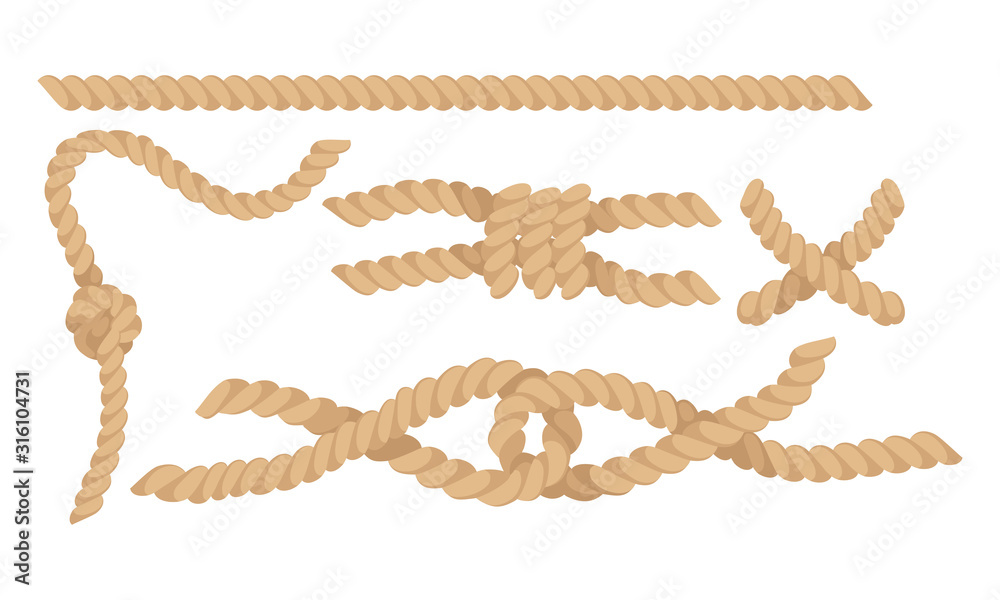 Rope Fastening in Different Knots Isolated on White Background Vector ...