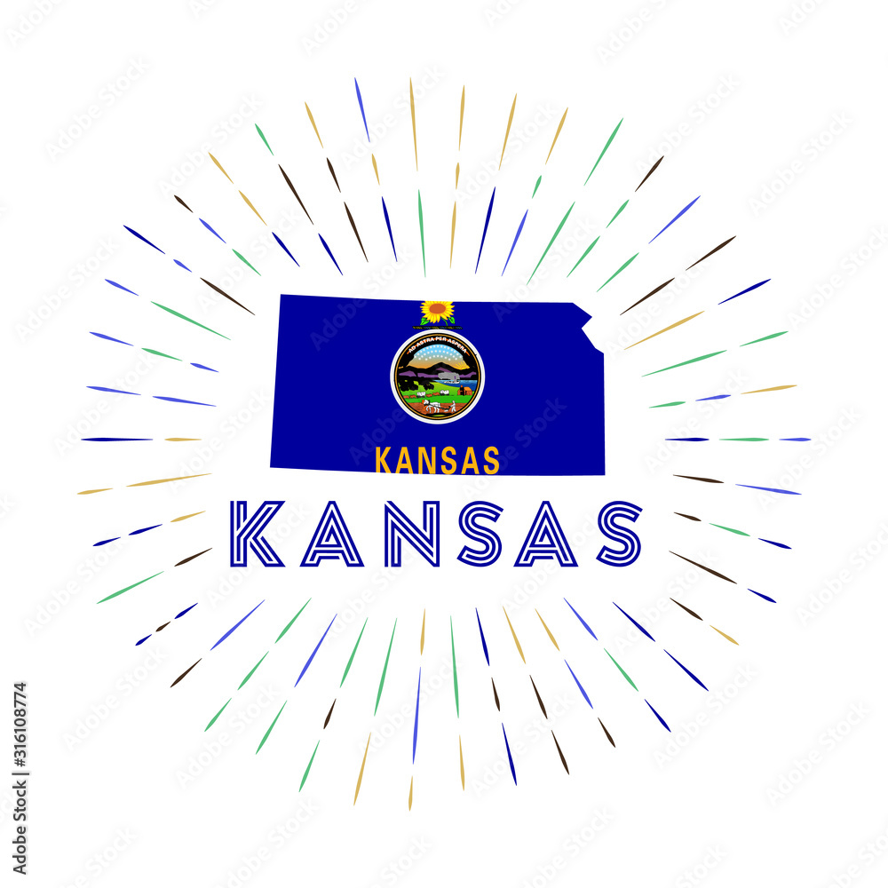 Kansas sunburst badge. The us state sign with map of Kansas with state ...