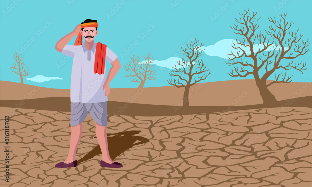 drought conditions india, cracked land and worried indian farmer vector ...