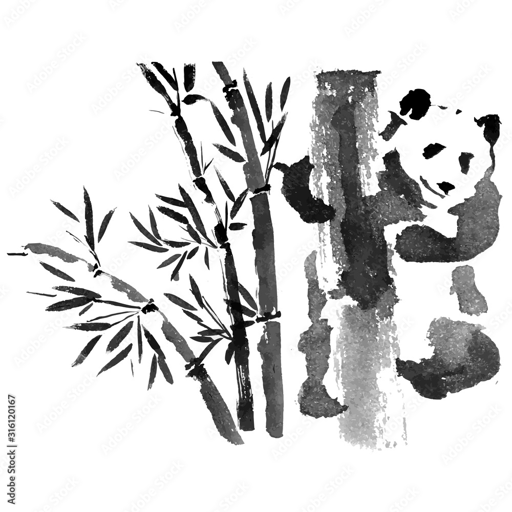 Panda ink pen hand drawn chinese drawing with bamboo vector ...