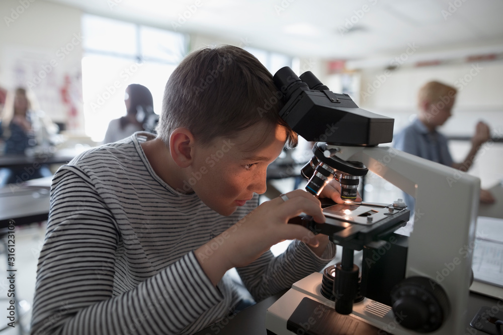 Boy middle school student using microscope, conducting scientific ...