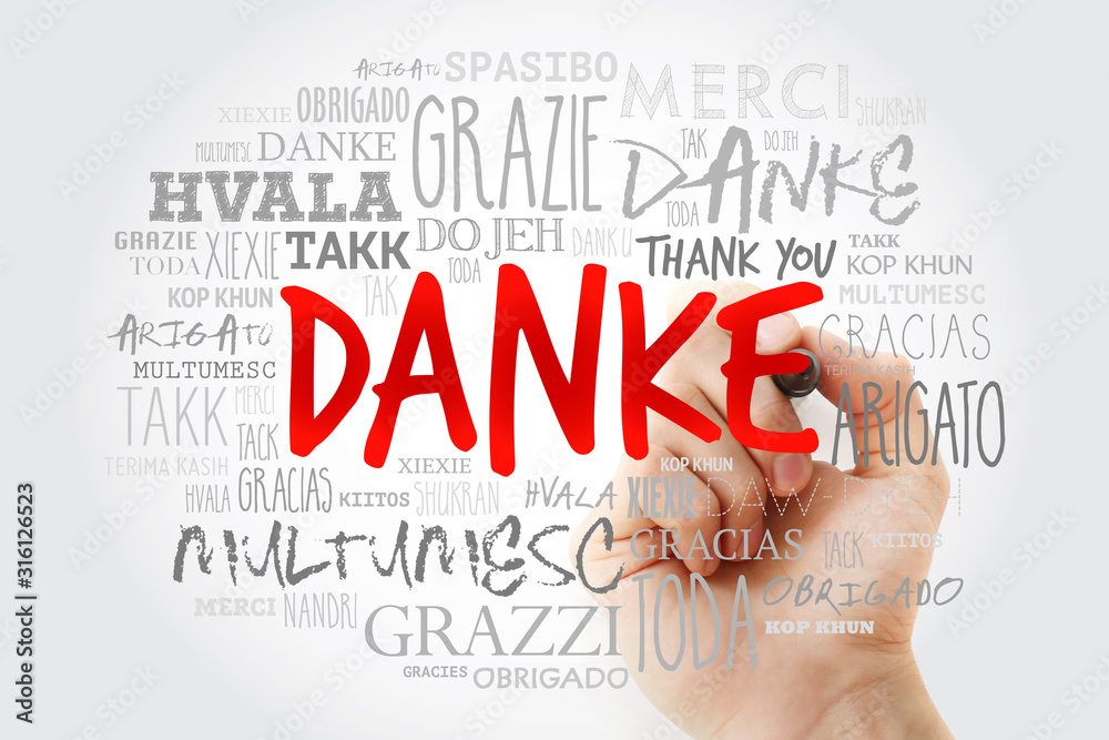 Danke (Thank You in German) Word Cloud with marker in many languages of ...