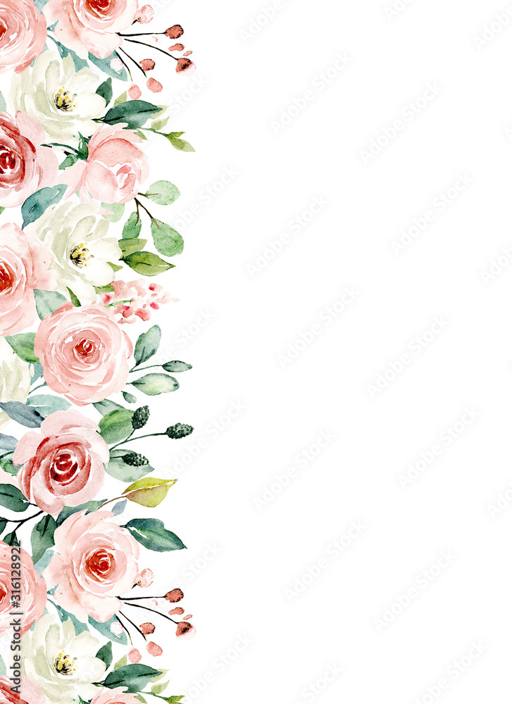 Greeting card template with watercolor flowers blush pink roses, floral ...