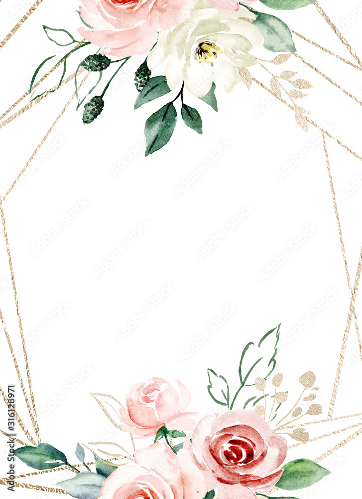 Greeting card template with watercolor flowers blush pink roses, floral ...