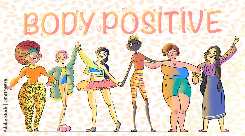 Body positive. Cute, cartoon illustration with women different body ...