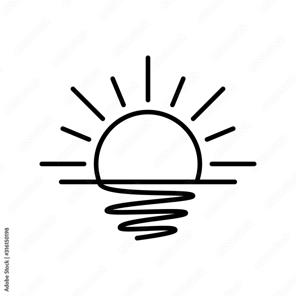 Icono plano lineal sol naciente con reflejo en el mar en color negro ...