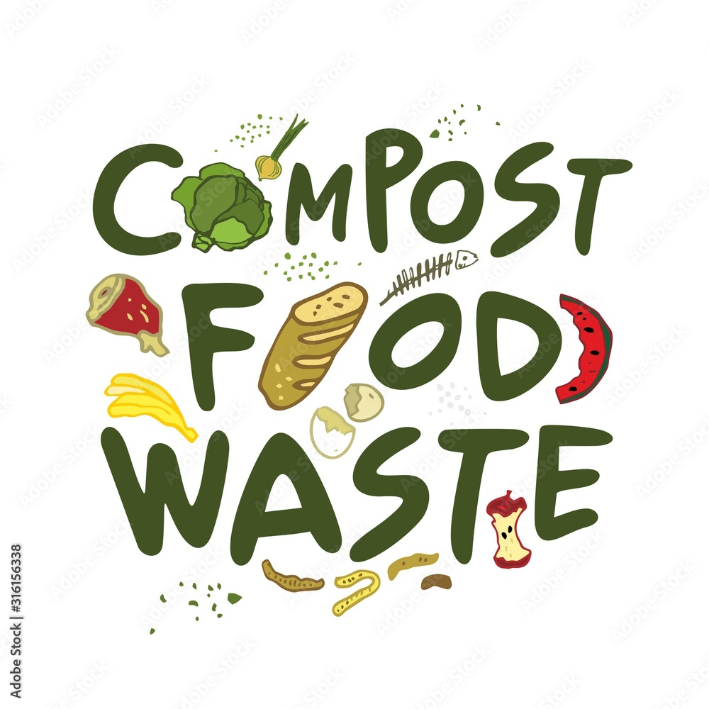 Compost food waste handwritten phrase with food elements. Eco-friendly ...
