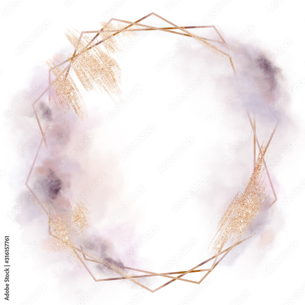 Dusty pink geometric frame with watercolor splashes and gold glitter ...