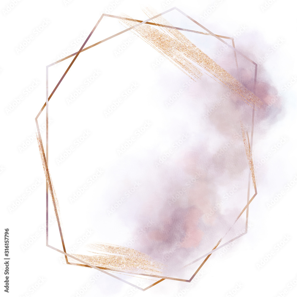 Dusty pink geometric frame with watercolor splashes and gold glitter ...
