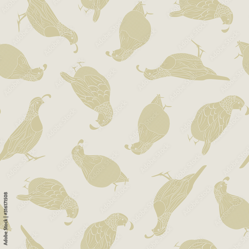 Vector Gold Quail Silhouettess on Beige Background Seamless Repeat ...