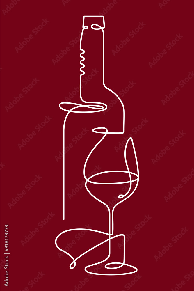 Vertical single outline drawing with a bottle, wine glass, and a ...