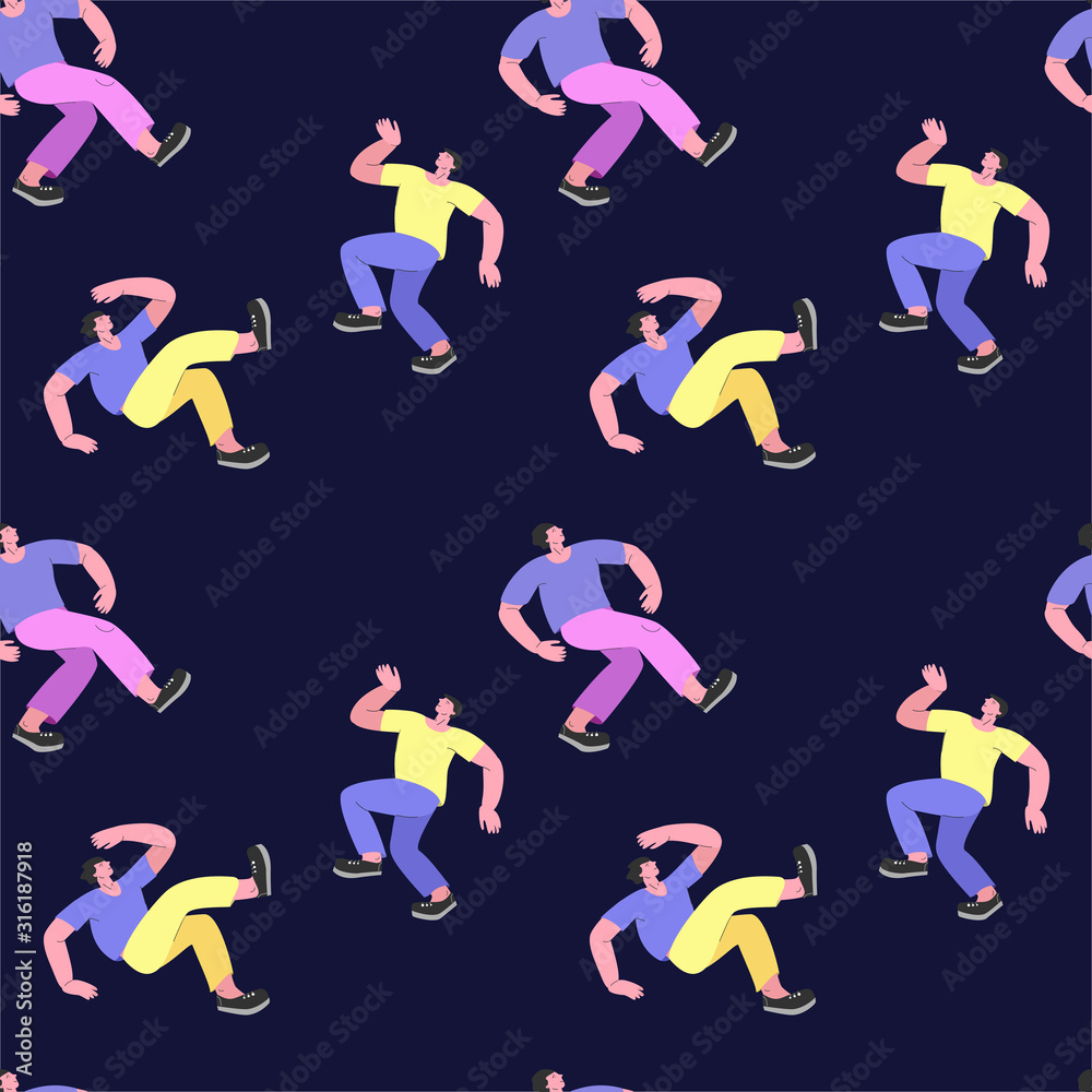 Seamless pattern of dancing men in different poses on dark blue ...