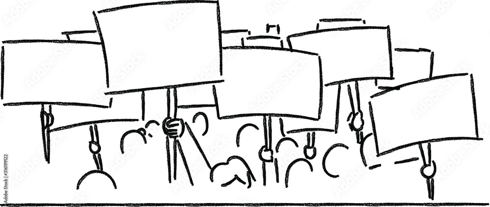 Crowd of protesters concept,human rights,blank sign,hand drawn crayon ...