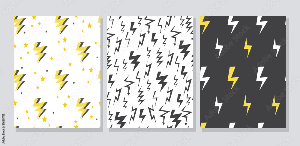Set of seamless patterns with lightning strike icons cartoon vector ...