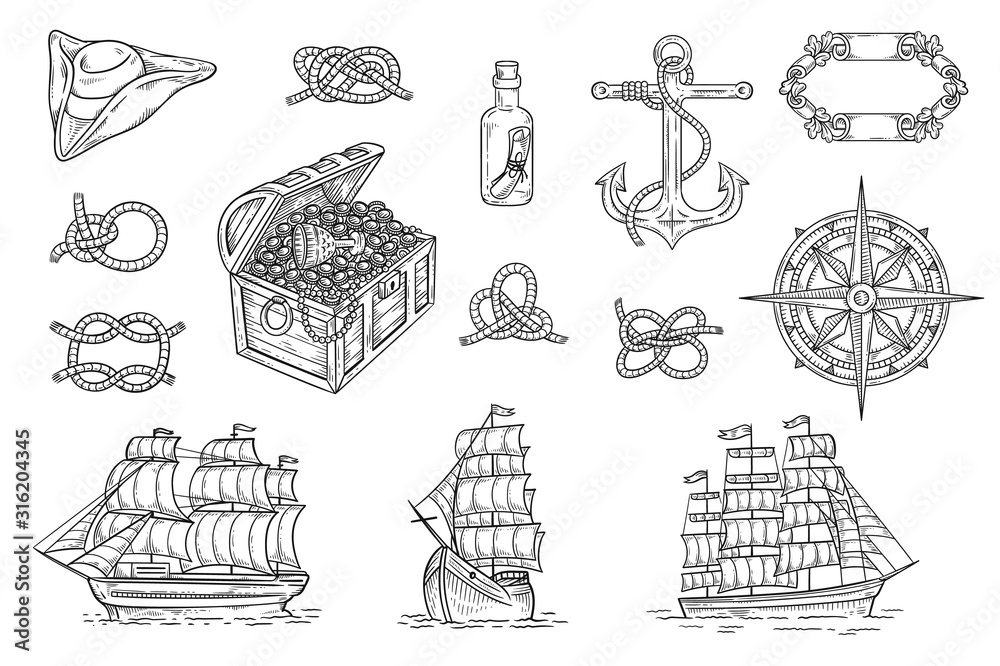 Vintage pirate ship and treasure hunt drawing set - vector illustration ...