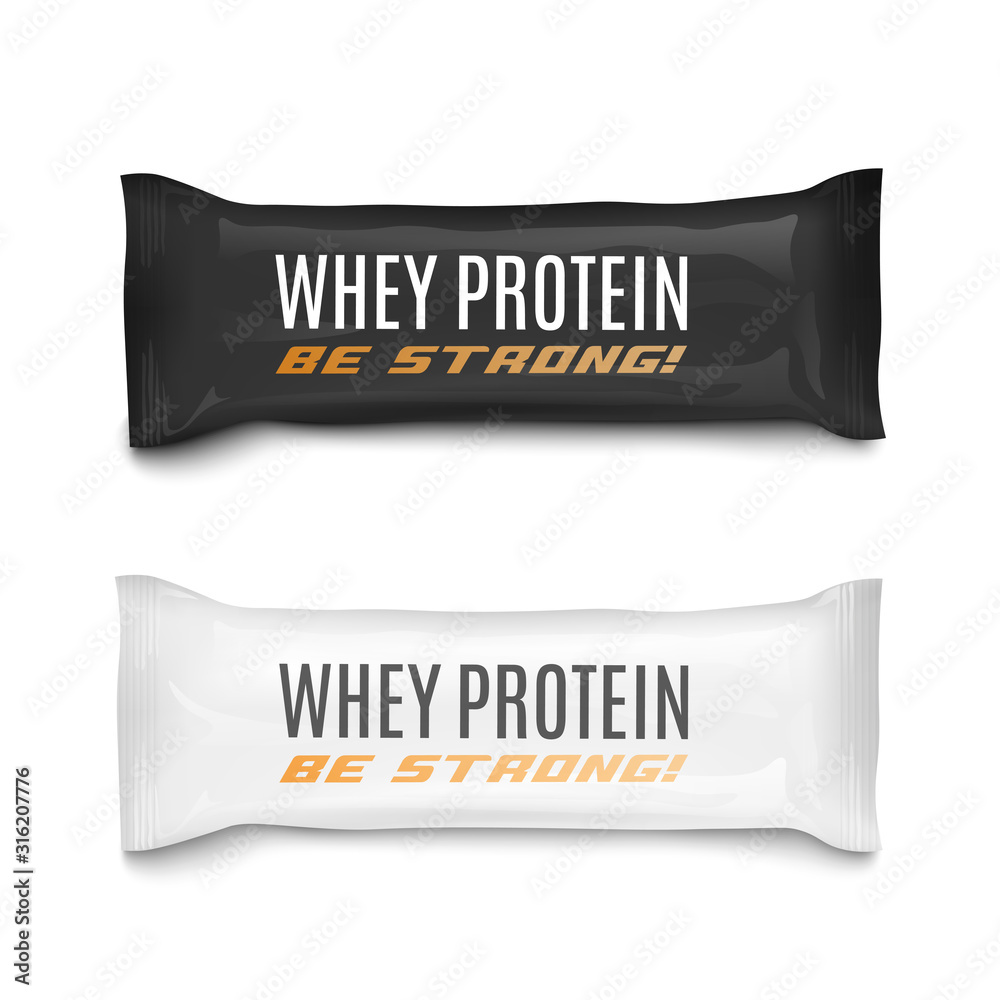 Whey protein food bars packaging set, realistic vector illustration ...