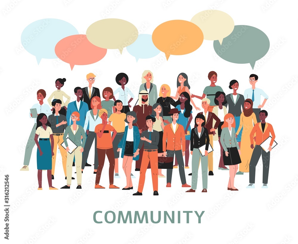 Community banner - diverse crowd of cartoon people standing and talking ...