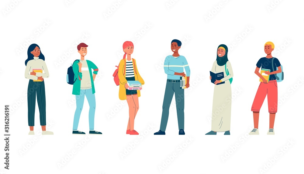 Diverse multicultural university students flat vector illustration ...
