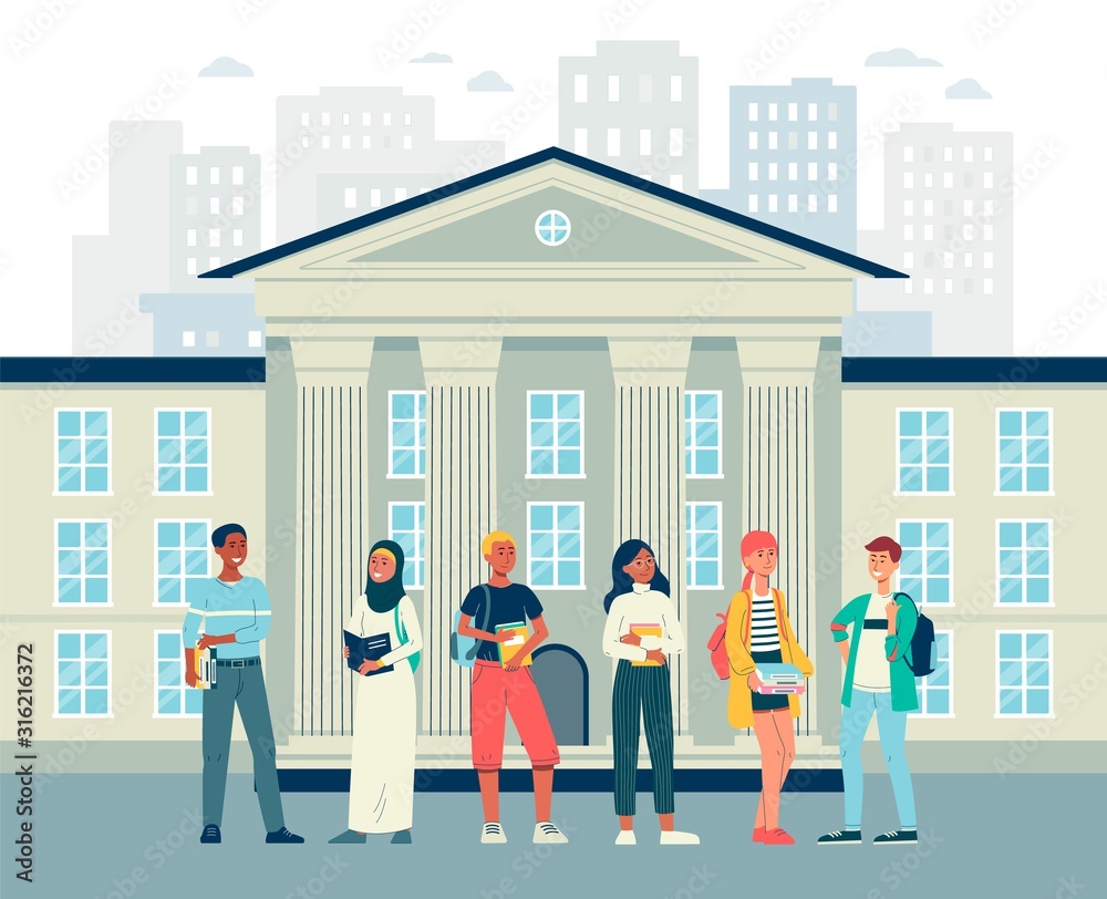 Cityscape background with multicultural students, flat vector ...