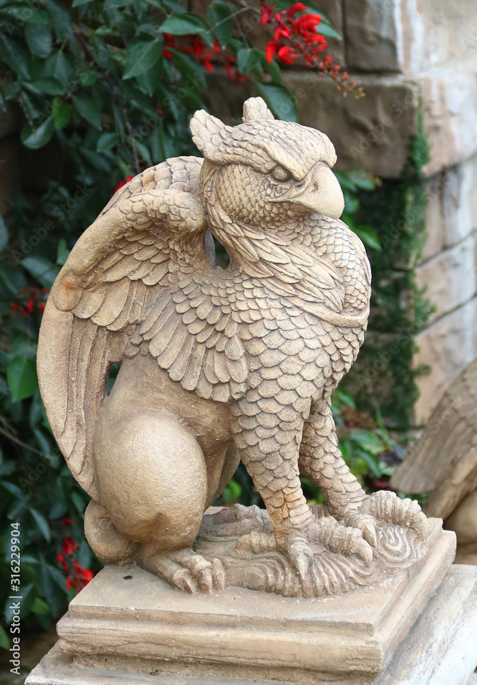 Griffin, gryphin, griffon or gryphon statue. Decoration antique stone ...