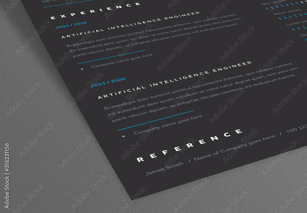 Dark Resume Layout with White Header and Bright Blue Elements Stock ...