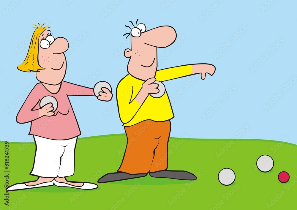 petanque, man and woman playing petanque, funny vector illustration ...