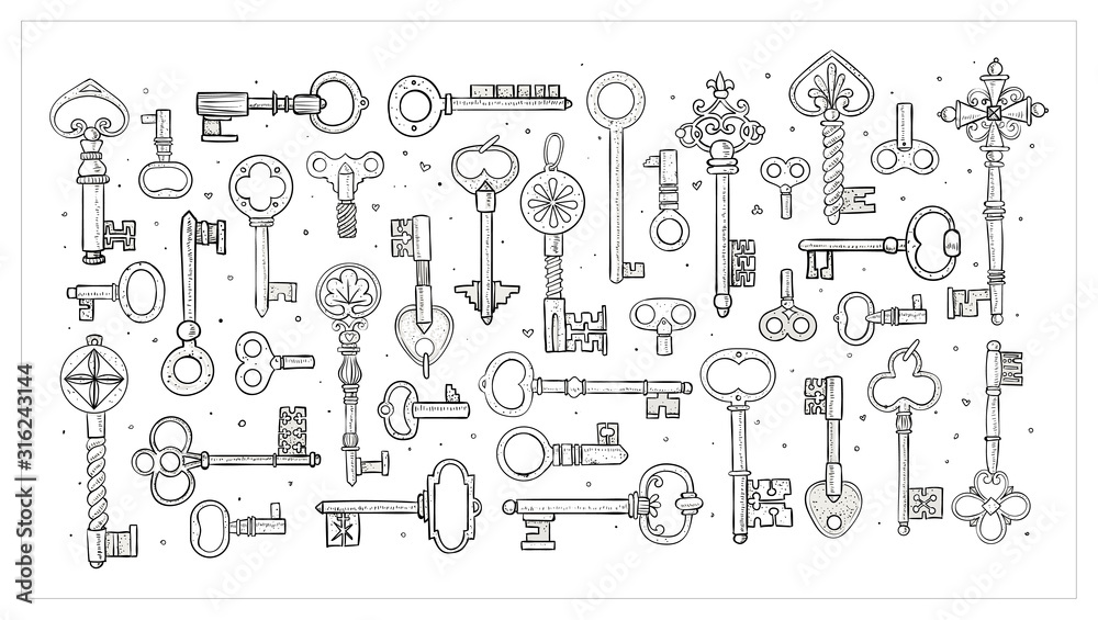 Big collection of doodle vintage keys on white background. Doodle ...