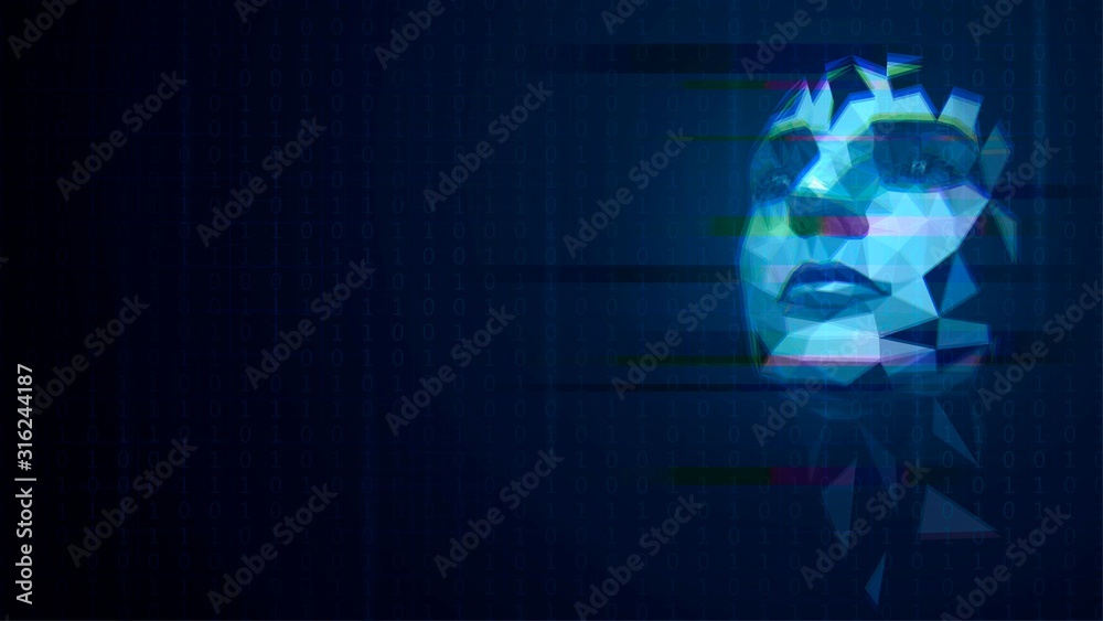 Blue Luminous Low Poly Hologram With A Human Face With Glitch Effect On