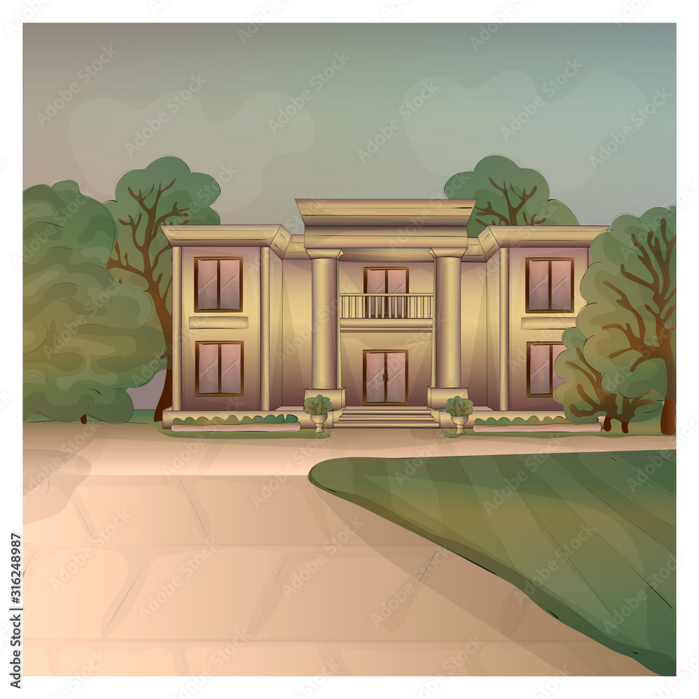 two-story house with columns. trees, lawn. Stock Illustration | Adobe Stock