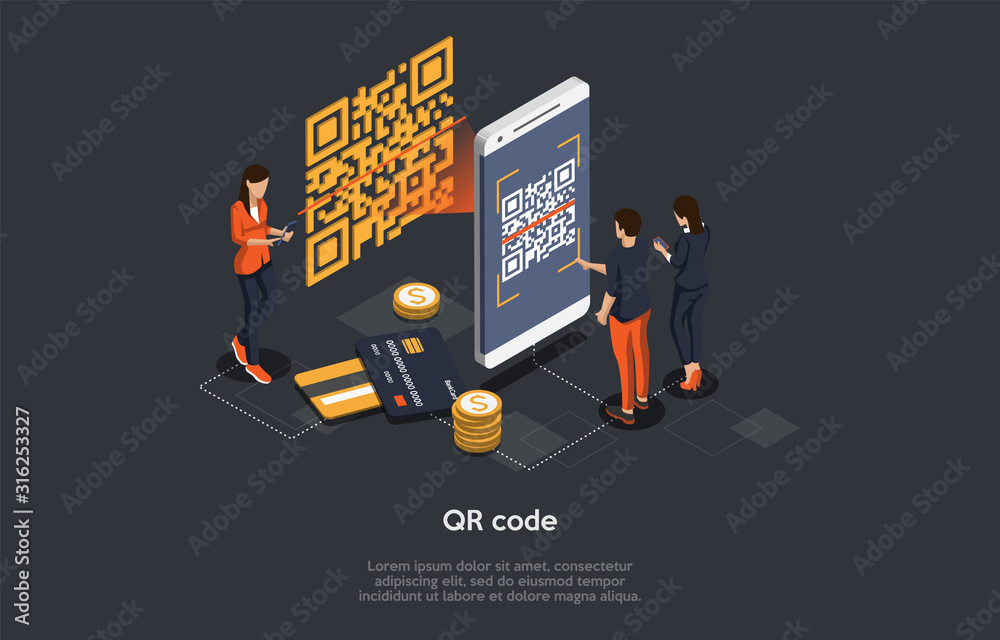 Isometric Qr Code Verification Concept. Man is Scanning the Qr Code By ...