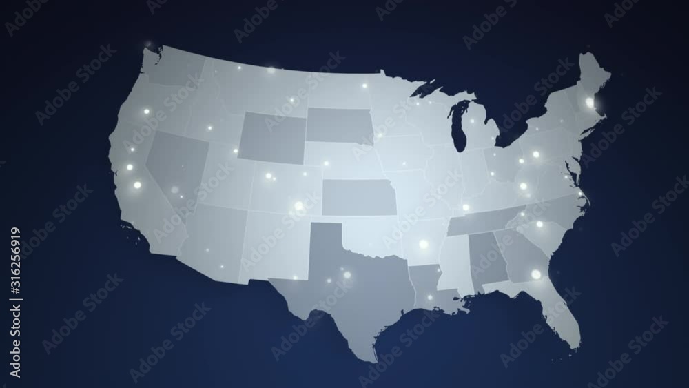 Cinematic United States Map with flickering lights. View of light grey ...