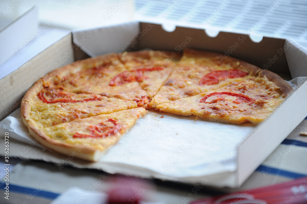 Open box with tasty italian sliced pizza. PIZZA BOX delivery concept ...