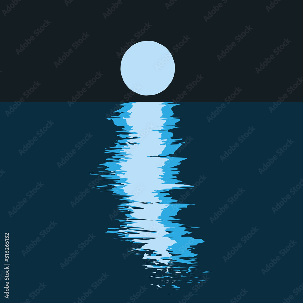 Full moon and moonlight on water waves in dark night, simple modern ...