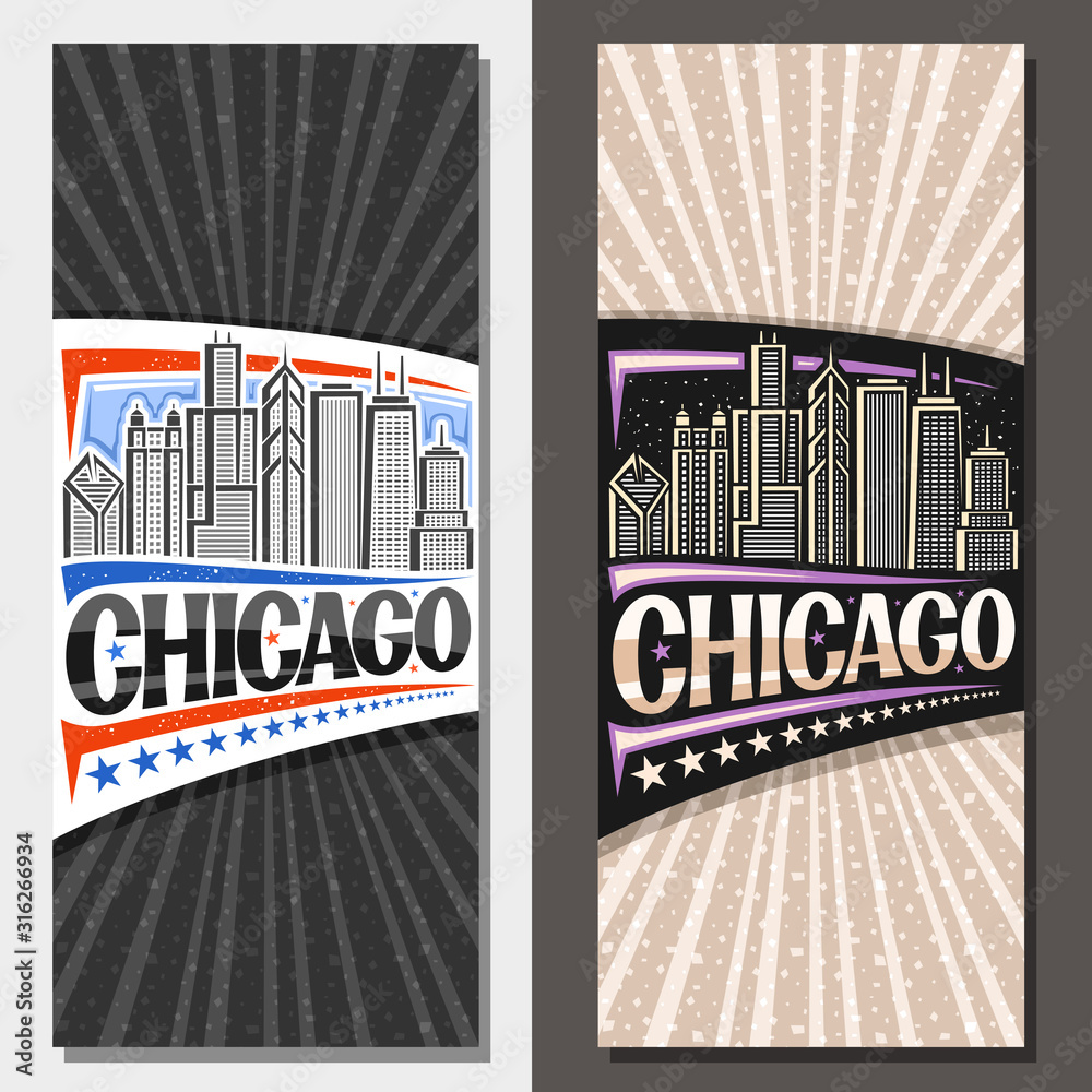 Vector vertical layouts for Chicago, decorative voucher with draw ...