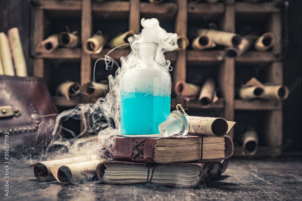 Vintage alchemist laboratory with unique scrolls and manuscripts Stock ...