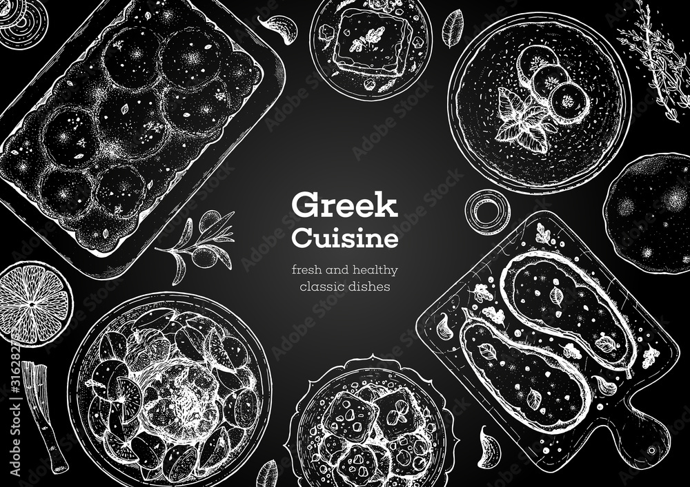 Greek cuisine top view frame. A set of greek dishes with moussaka ...