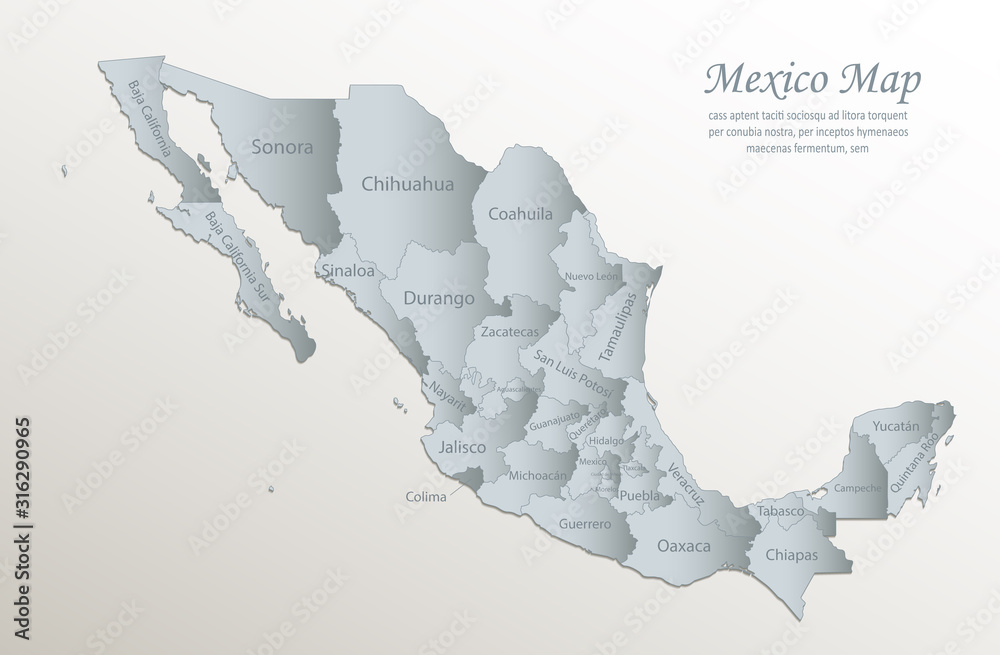Mexico map, administrative division with names, white blue card paper ...