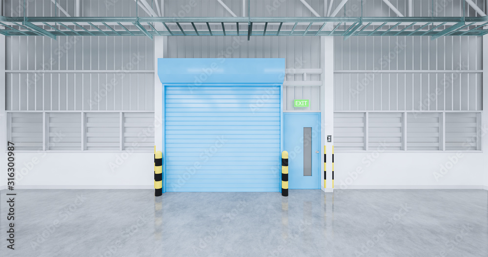 Roller door or roller shutter inside factory, warehouse or industrial ...