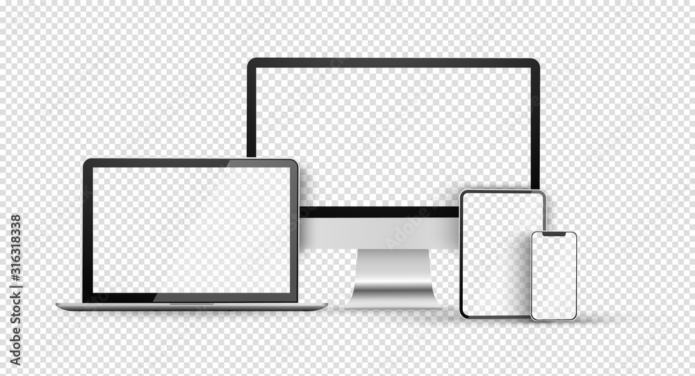 Blank computer monitor, phone, tablet and laptop. Device set with empty ...