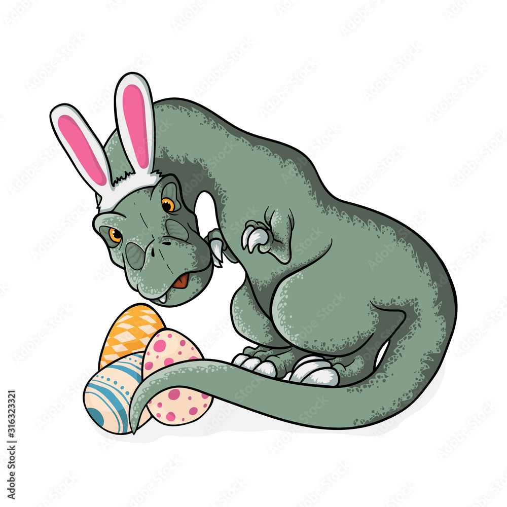Little tyrannosaurus rex with bunny ears and easter eggs. Cute t-rex in ...