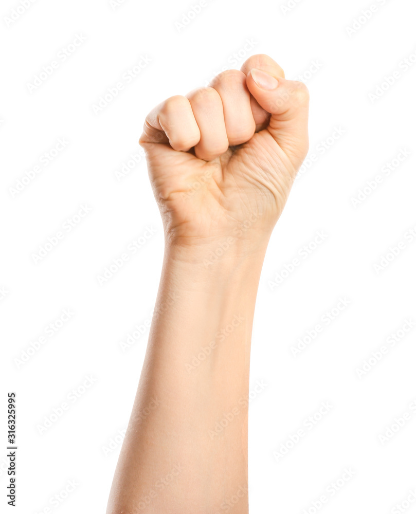 Hand of woman with clenched fist on white background Stock Photo ...