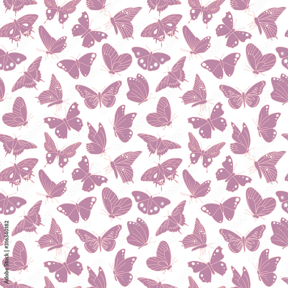 Vector white and purple butterflies texture seamless pattern background ...